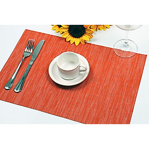 SHACOS Vinyl Placemats Set of 6 Durable Wipe Clean Place Mats Stain Resistant Heat Resistant Indoor Outdoor PVC Weave Table Mats (6, Orange)