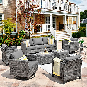 XIZZI Patio Furniture Set with Swivel Rocking Chairs,8 Pieces All Weather Wicker Outdoor Furniture,Patio Conversation Set Sofa for Outside,Deck,Backyard,Garden,Pool (Dark Grey)
