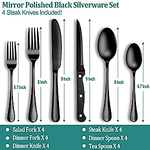24 Pcs Black Silverware Set with Steak Knives Service for 4,Stainless Steel Flatware Set,Mirror Polished Cutlery Utensil Set,Kitchen Eating Tableware Set,Include Fork Knife Spoon Set,Dishwasher Safe