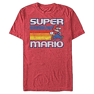 Nintendo Mens Super Mario Running Retro Stripe T-Shirt, Red Heather, Large US