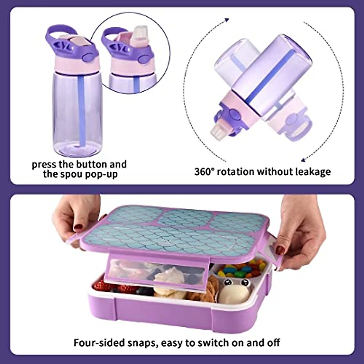 BDBKYWY Unicorn Lunch Bag Lunch Box Set - Insulated Lunch Bag with 4 Compartment Bento Box Ice Pack Water Bottle Silicon Cap Spoon Salad Container for Lunch Kid's School Supplies Ideal for Age 7-15