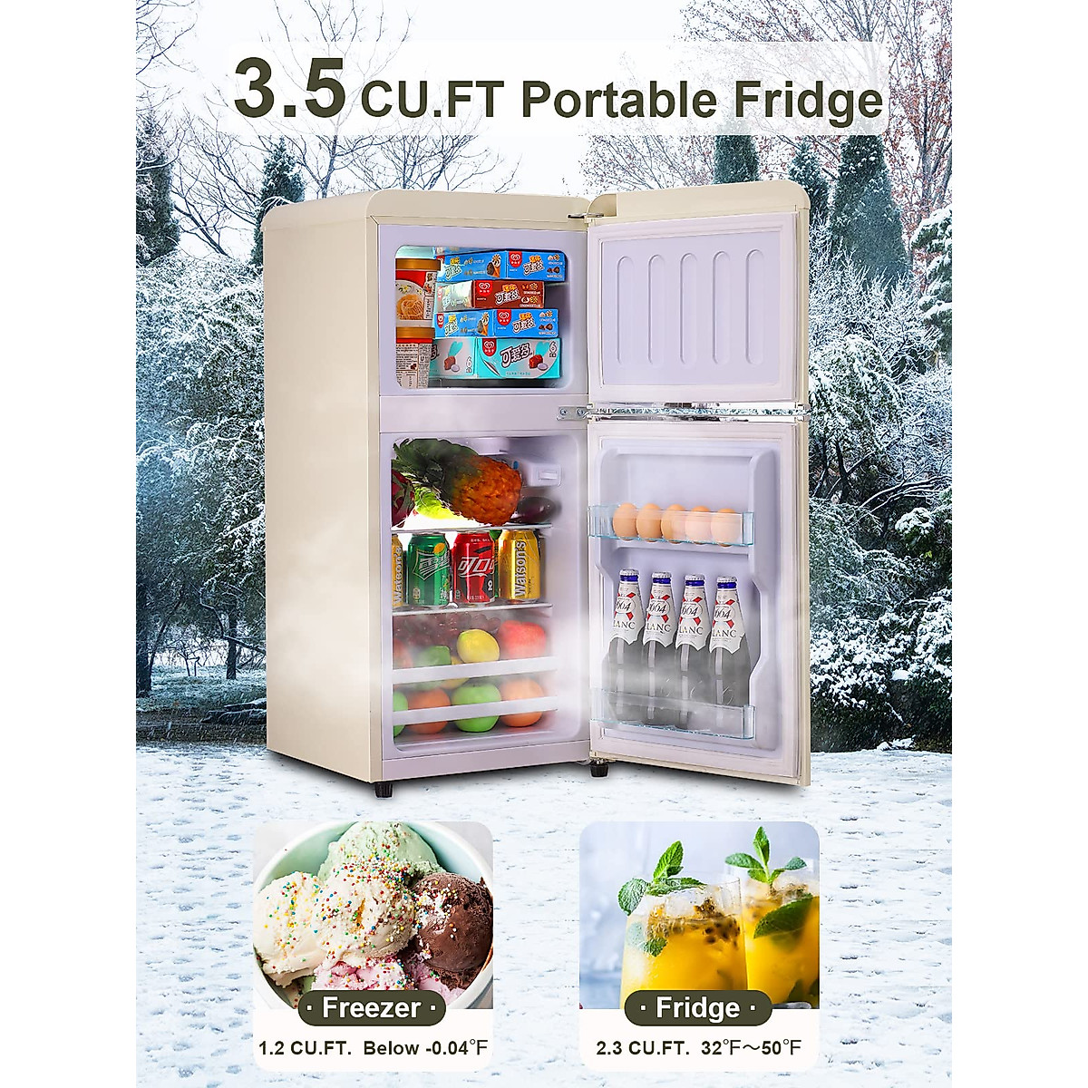KRIB BLING 3.5 CU.FT Compact Refrigerator 2 Door Mini Fridge with Freezer, Mini Refrigerator with Removable Glass Shelves Small Drink Food Storage Cooler for Office, Dorm, Apartment, Cream