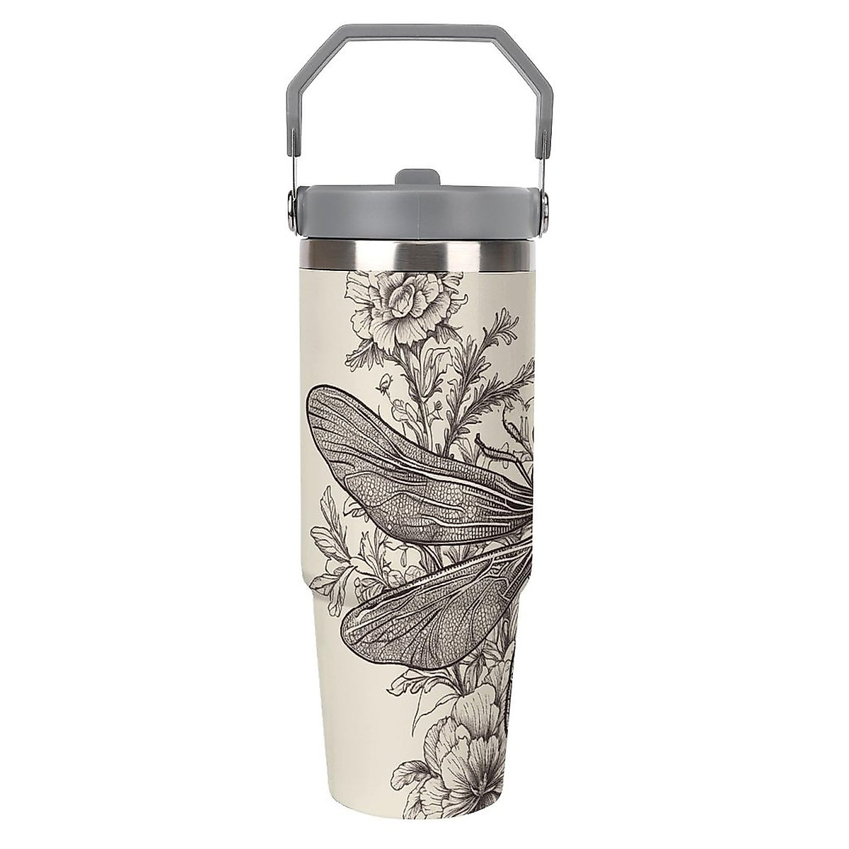30oz Stainless Steel Insulated Tumbler with Flip Lid & Straw, Leakproof Travel Mug for Car, Hand Drawn Floral Dragonfly Double Wall Vacuum Thermal Coffee Cup with Handle, Spill-Proof Design for Hot/Co