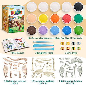 Drama Planet Air Dry Clay Dinosaur Craft Kit for Kids, Build and Design Your Own Dinosaurs with Modeling Clay, 3 Dinosaur Fossil Skeletons, Gifts for Boys and Girls Ages 6 & Up