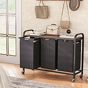 ALOFA Laundry-Hamper Basket with Shelf, Laundry Room Organization 3x46L Pull Out and Removable Bags with Letter Stickers, Metal Frame Made Laundry Sorter Classified Storage Black