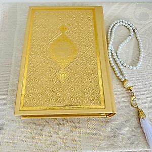 Muslim Prayer Rug,Full Arabic Thermo Leather Covered Quran(8 * 5.5 inc / 20 * 14 cm) and Prayer Beads I Perfect Islamic Gift I Muslim for Men&Women I Soft Islamic Prayer Mat | Luxury Gifts (Gold)