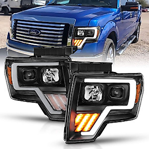 AmeriLite Projector Headlights Halogen, Led, Bar and Turn Signal Set For Ford F150 - Passenger and Driver Side, Vehicle Light Assembly, Black