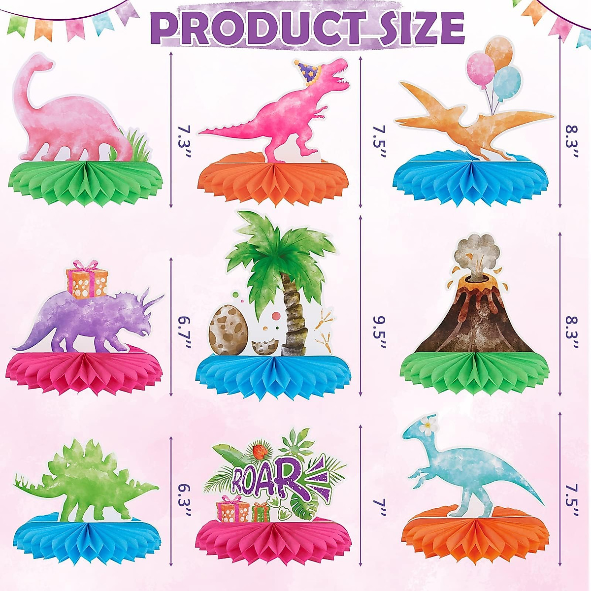 WERNNSAI 9 PCS Watercolor Dinosaur Party Honeycomb Centerpiece - Dinosaur Birthday Party Table Decorations Girls Kids Dino Birthday Baby Shower Table Toppers Supplies 3D Volcano Centerpieces