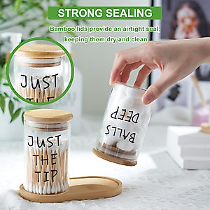 FyndraX Bathroom Organizer Holder Jars Set of 4, Funny Decor Qtip Glass Canister Containers for Guest Room, Restroom and Washroom Storage of Cotton Ball, Cotton Swab, Cotton Round Pads, Floss