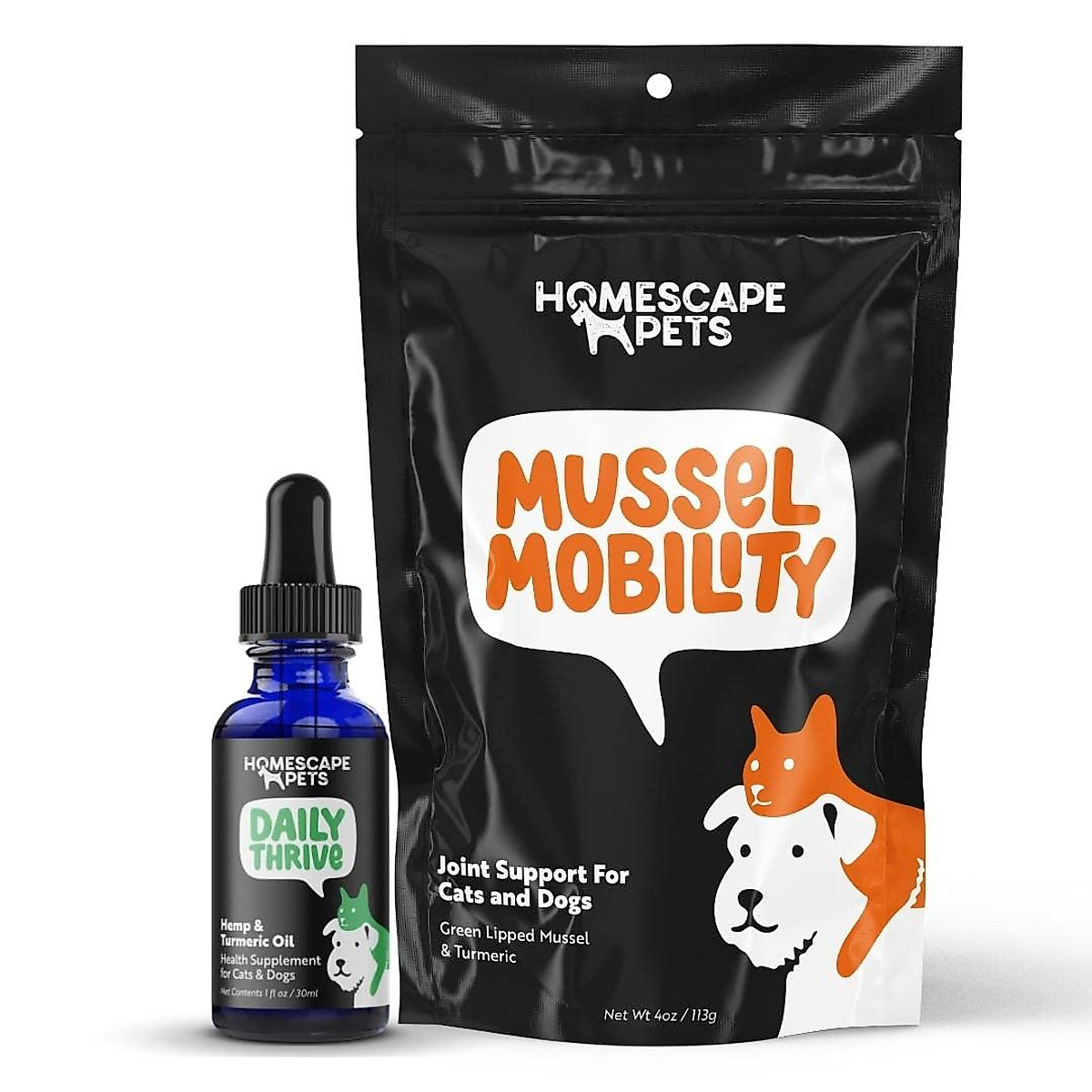 Homescape Pets Bundle - Mussel Mobility + Daily Thrive Pet Supplements for Arthritis, Hip and Joint Mobility and Help Calm Aches & Improve Immunity - for Dogs and Cats