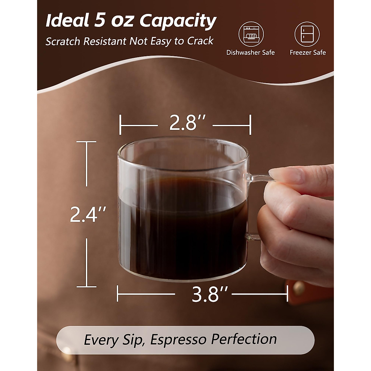 BOILMERIT Espresso Cups Set of 4, 5 oz Small Espresso Shot Glasses with Handle, Clear Espresso Coffee Mugs, Glass Demitasse Cups for Double Espresso or Tea, Coffee Machine, Espresso Accessories