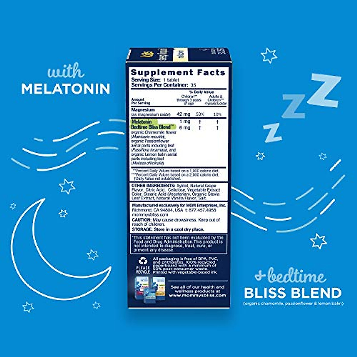 Mommy's Bliss Kids Sleep Chewable Tablets: Melatonin & Magnesium with Calming Herbs, Natural Sleep Aid , Grape Flavor, Sugar Free, Age 3+, (35 Servings)