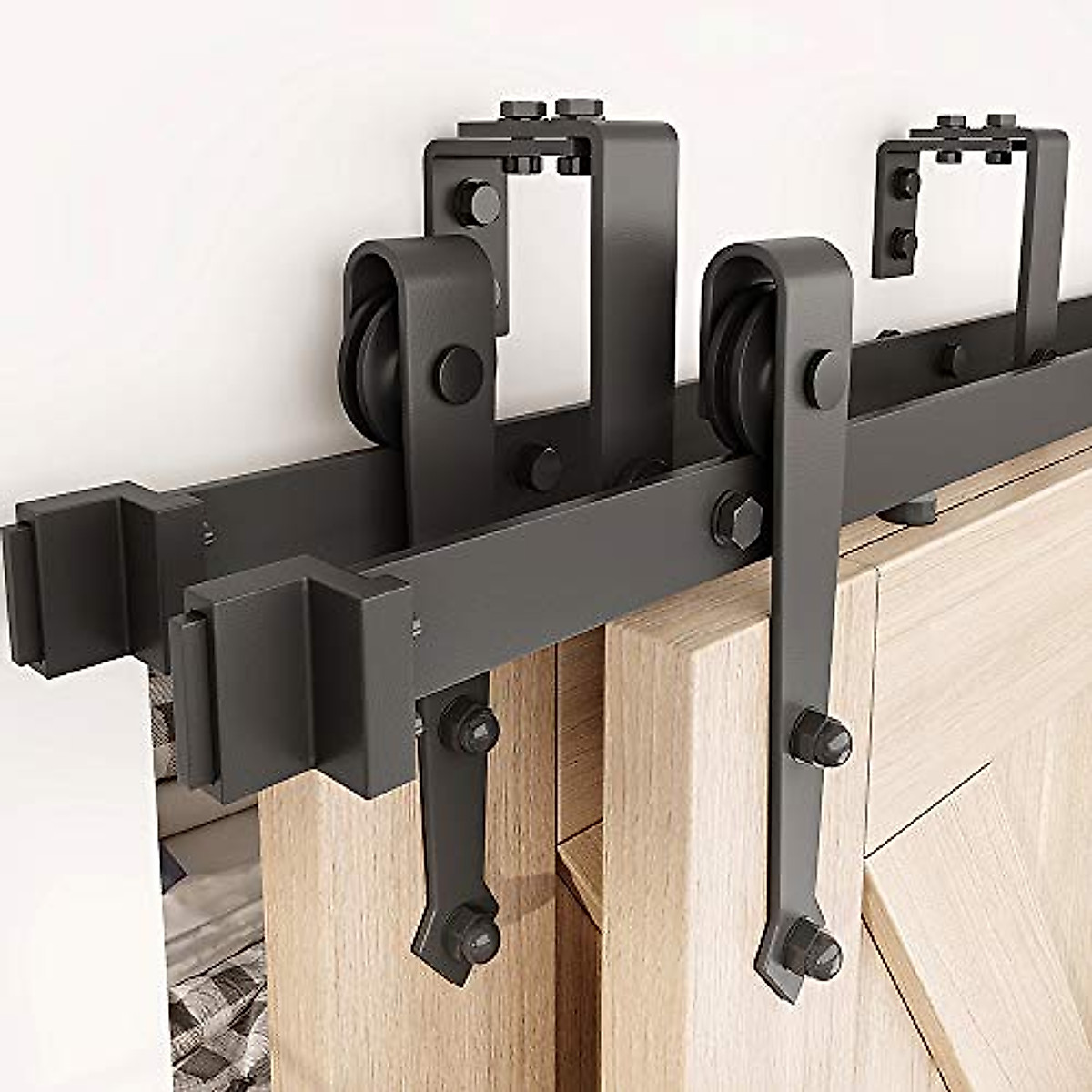 ZEKOO 8FT Bypass Barn Door Hardware Kit Double Bypass Barn Door Hardware Double Track Black Roller Hanger