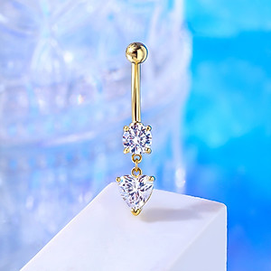 CM Crareesi Mania 14K Gold Belly Rings for Women Dangle CZ Belly Button Rings 14K Solid Yellow Gold Belly Button Piercing Jewelry 14G Heart Navel Piercing Jewelry