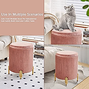 Mxfurhawa Round Ottoman Foot Stool with Storage and Metal Legs for Living Room Bedroom, Velvet Upholstered Footrest Stool Support 300lbs Modern Padded Seat Ottoman Coffee Table (Dusty Rose)