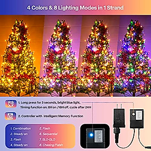 Beauhom Extentable Lightchain 300LED 98ft 8 Modes Green Wire Warm White & Multi-Colored Connectable Plug in UL Transformer Outdoor Use Christmas Tree Light Party Garden Patio Decoration
