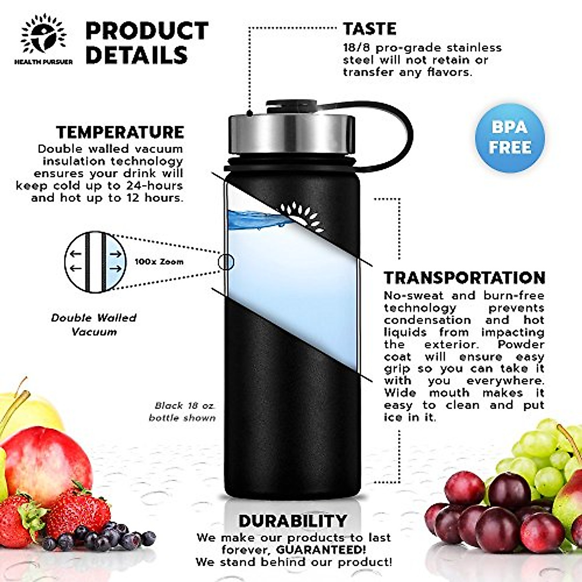 Stainless Steel Water Bottle/Thermos: ​40 Oz.​ Double Walled Vacuum Insulated Wide Mouth Travel Tumbler, Reusable BPA Free Twist Lid Bottles for Hot or Cold Liquid: Bonus Flip & Straw Lids - ​Black