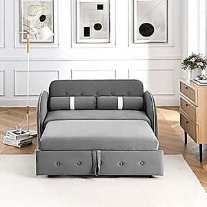 HomSof Adjsutable Backrest and Lumbar Pillows for Apartment Office Living Room Modern 55.5" Pull Out Sleep Bed 2 Seater Loveseats Sofa Couch with Side Pockets, Style C, Grey