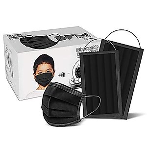 50 Pcs Disposable Face Cover 3-Ply Filter Non Medical Breathable Earloop Masks For Kid (Black Kid)