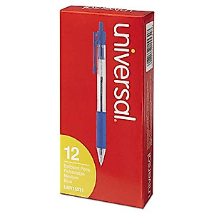 Universal Comfort Grip Ballpoint Pen, Retractable, Medium 1 Mm, Blue Ink, Clear Barrel, Dozen