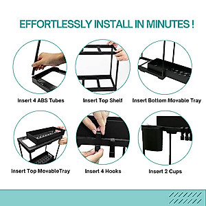 THE DWELLERY Under kitchen sink organizers and storage, 2 Pack under the sink organizer with hooks & Hanging Cup, 2 Tier Large Capacity under sink organizers and storage pull out drawers (Black) (2)