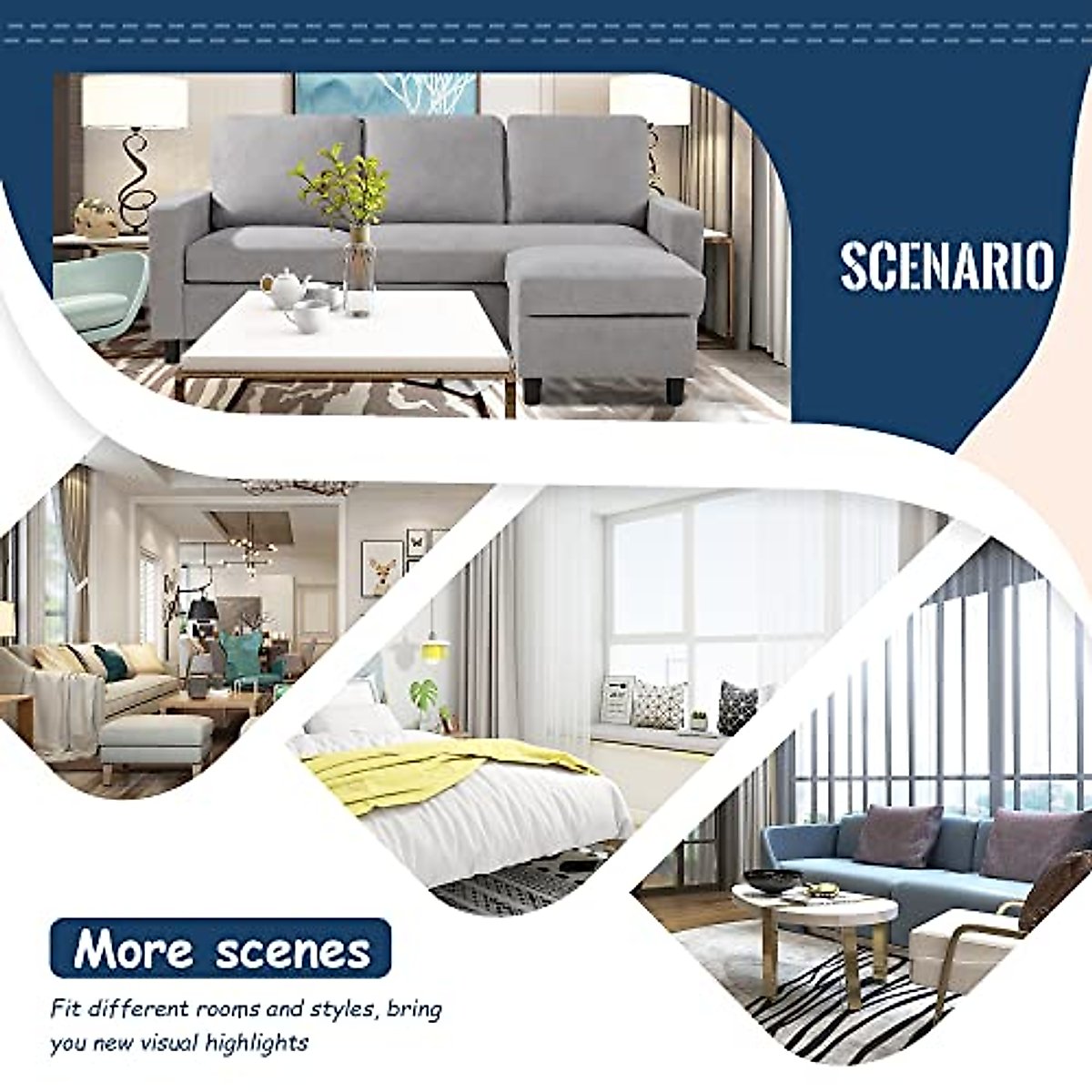 JY QAQA Convertible Sectional Sofa Couch,78’’ L-Shaped Couch with Modern Linen Fabric 3-Seat Wide Reversible Chaise for Small Space(Light Grey)