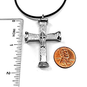 Horse Nails Rhodium Metal Finish Cross Pendant Black Rubber Cord Necklace