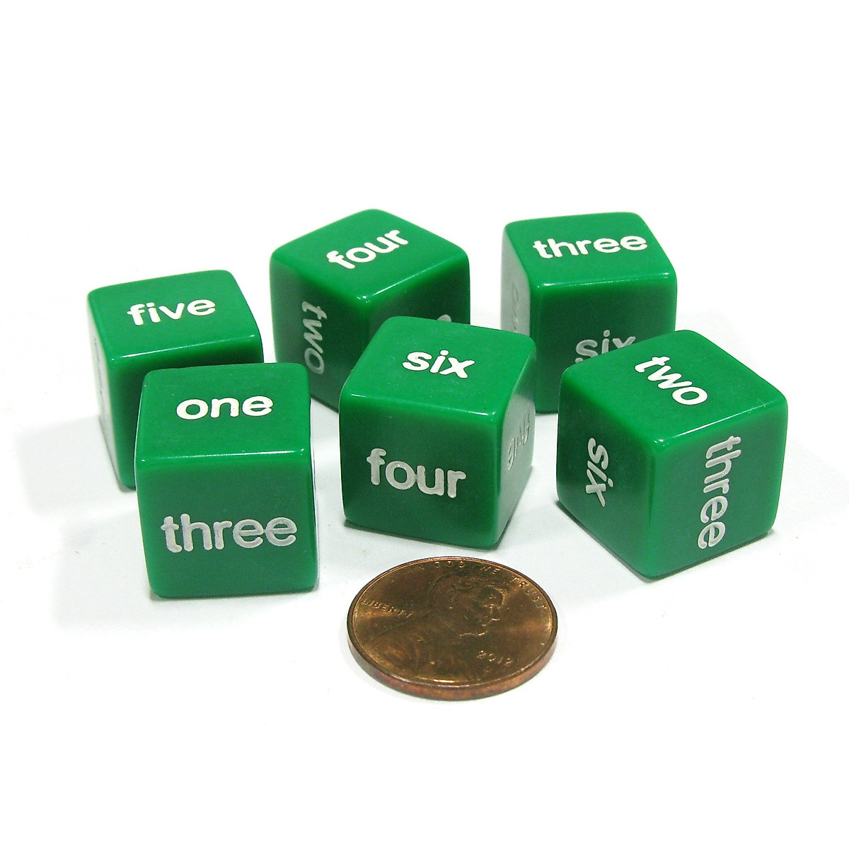 Koplow Games Set of 6 D6 16mm Word Number Dice - Math Educational Die - Green with White Pip