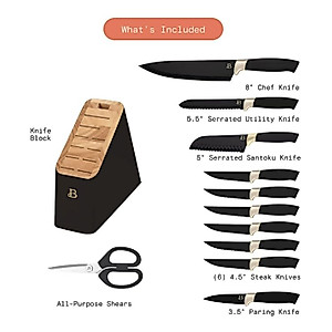 12-Piece Stainless Steel Knife Set with Block and Soft Grip Handles – Black Sesame by Drew Barrymore