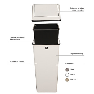 Witt Industries 1511HTWH Stainless Steel 36-Gallon Waste Watcher Hamper and Swing Top Receptacle, Square, 19" Width x 19" Depth x 39" Height, White