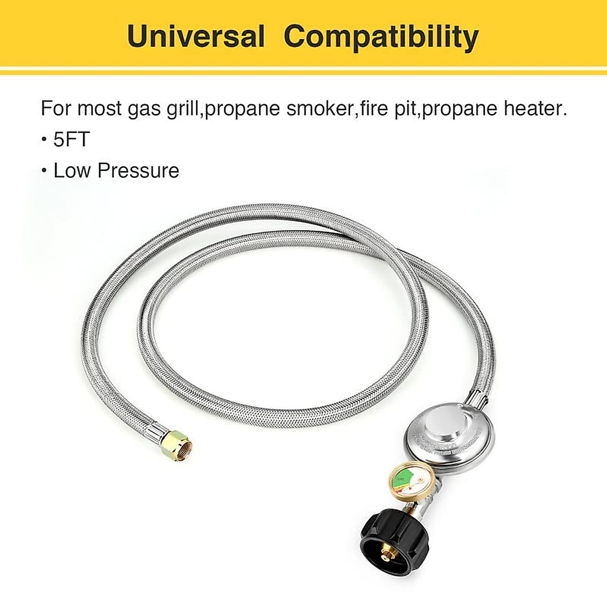 5 FT Propane Hose with Regulator - Gas Grill Regulator and Hose with Gauge - Propane Hose for Gas Grill, Gas Stove, FIRE Pit, Gas Griddle, Propane Stove - LP Hose
