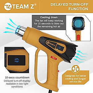TEAM Z 1800W Premium Heat Gun kit 140°F~1202°F - Heavy Duty Heat Shrink Gun with Single Handed Operation, LCD Display Hot Air Gun with Case, Overload Protection with 6 Nozzles for Crafts