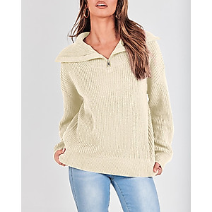 KIRUNDO Women's 2024 Fall Winter Long Sleeve Quarter Zip Pullover Casual V Neck Ribbed Knit Sweaters Jumper Tops(Beige White, Large)