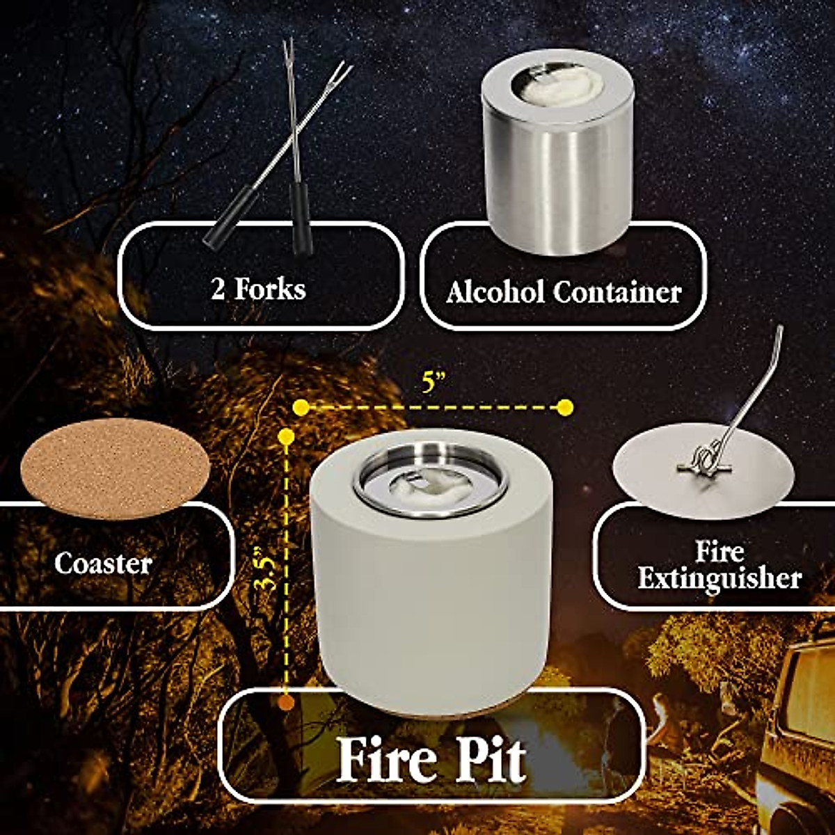 ByRoss Tabletop Fire Pit Kit for Outdoor and Indoor with 2 Forks, 1 Coaster, 1 Extinguisher | Portable Fire Pit Centerpiece | Smores Maker Tabletop Alcohol Fire Pit | Cement Mini Fireplace - Grey