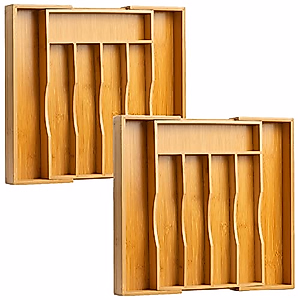 Bellsal Silverware Organizer 2 PIECE with grooves Kitchen Drawer Organizer Expandable Bamboo Utensil Holder Cutlery Tray for Kitchen Utensil and Flatware