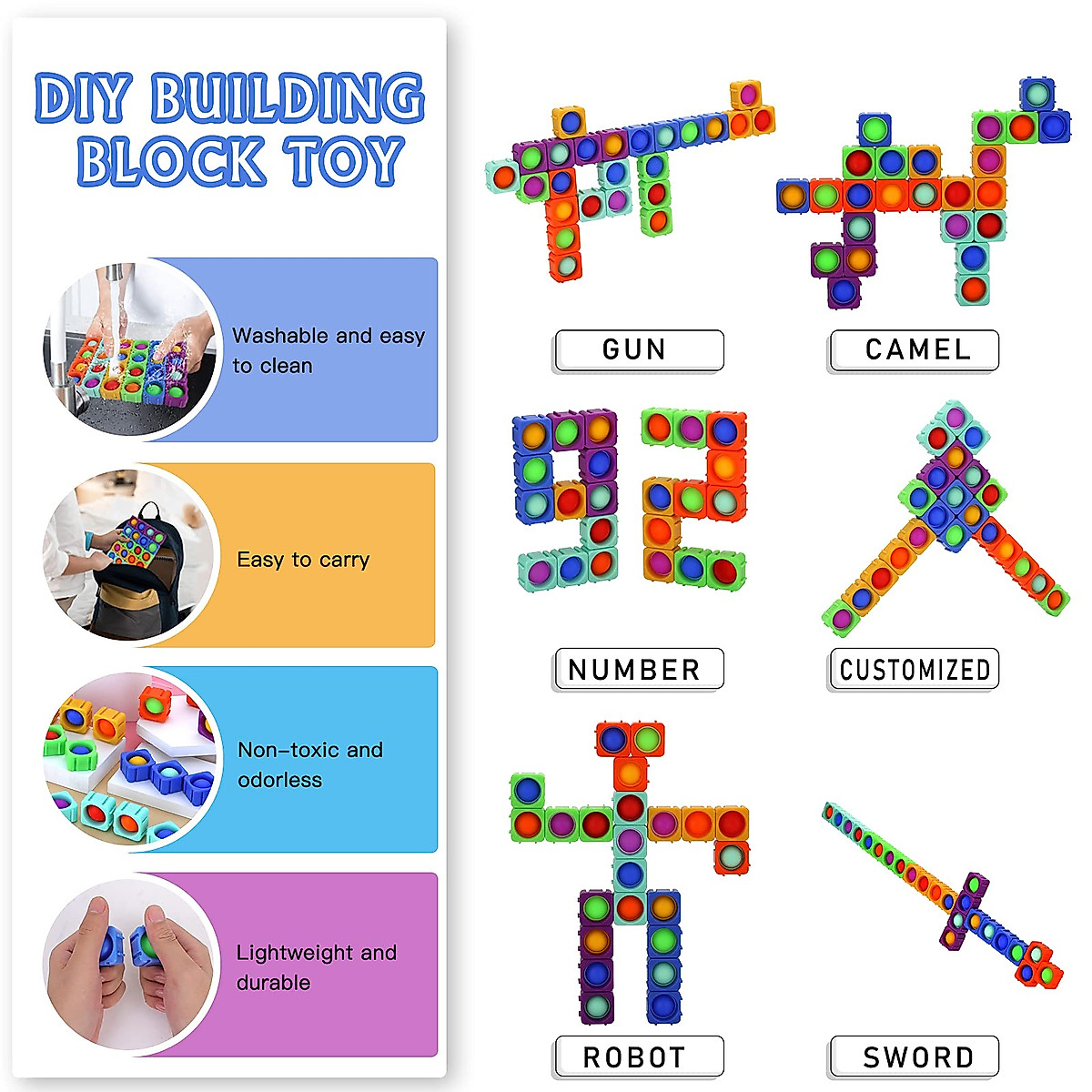 Pop Its Fidget Toys Girl Boy Creative DIY Fidget Building Block Toy Set 24Pcs Dimple Fidget Packs for Kids Anxiety Stress Relief Sensory Toys for Autistic Children ADHD Toddler Educational Toy Gift