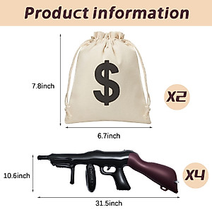6 Pcs Inflatable Gun Props Canvas Money Bag Pouch Set 1920s Party Decorations Money Bag with Drawstring Closure Party Prop Guns, Gangster Party Favors 20s Cosplay Theme Party Birthday Decoration