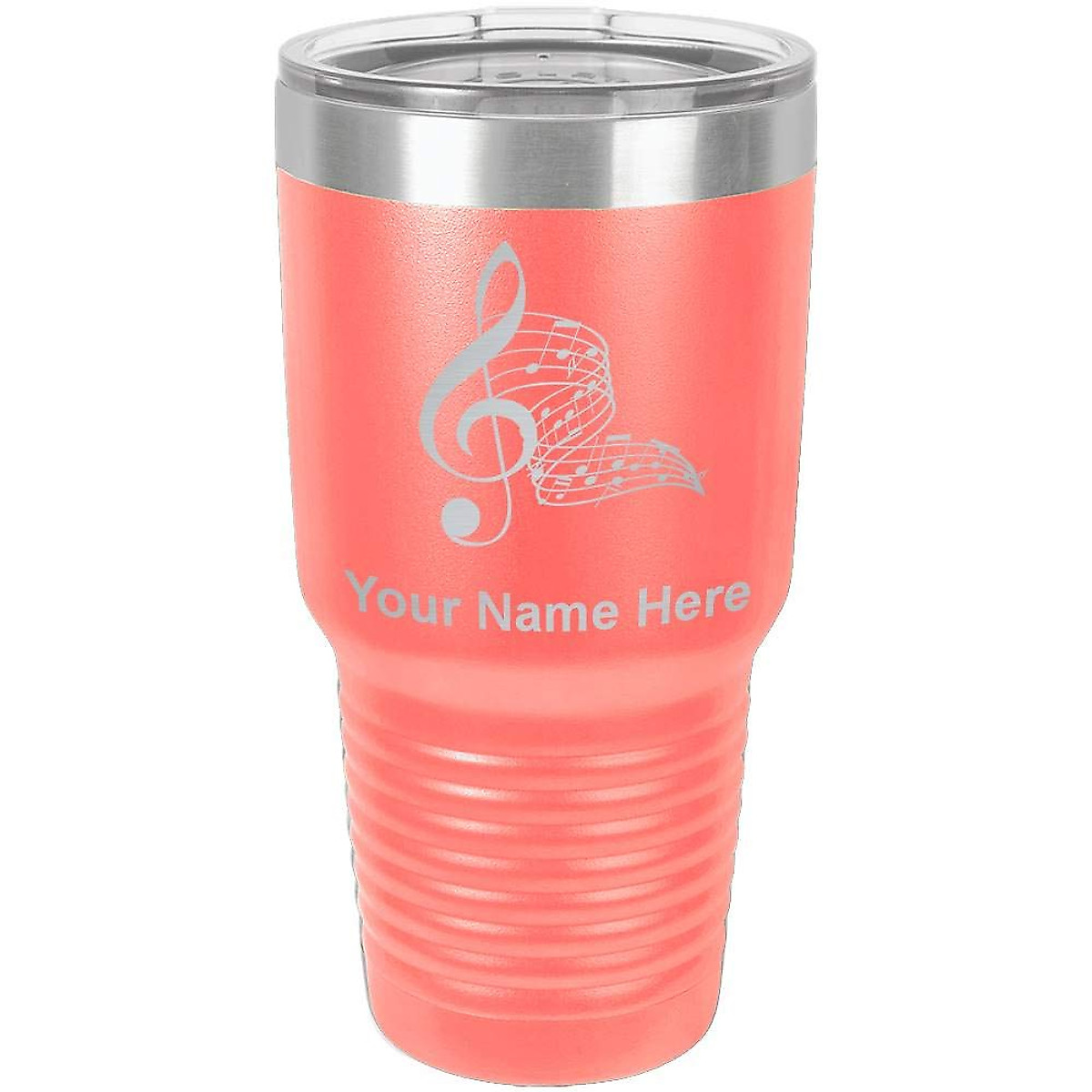 LaserGram 30oz Vacuum Insulated Tumbler Mug, Musical Notes, Personalized Engraving Included (Coral)