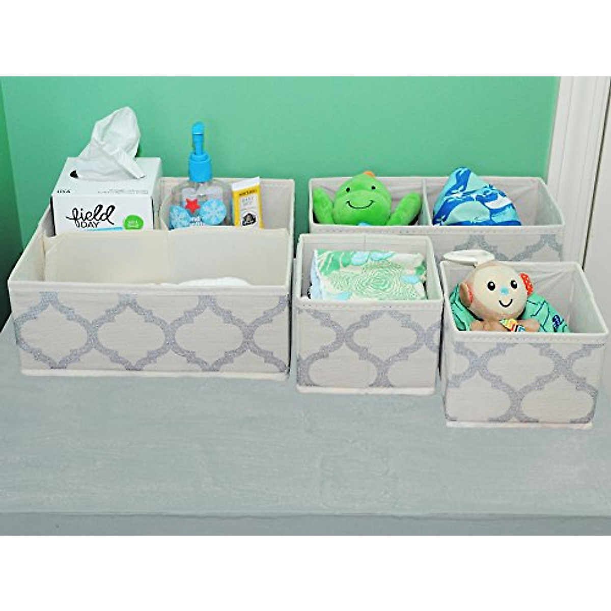 Set of 4 Organizer Bins with Dividers for Closet Dresser Drawer Inserts Bathroom Dorm or Baby Nursery; Store Socks Underwear Clothes; Clothing Organization; (Set of 4, Yellow-tinted Beige)