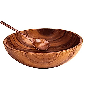 Acacia Wooden Salad Bowl Set Diameter 20.7 cm Wood Bowl with Wooden Spoon Individual Serving Bowl for Snacks, Salad, Soup Handmade Hardwood Wooden Bowl for Food Safe Kitchen Accessories