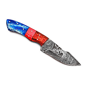 Smart & Sharp Custom Handmade Damascus Steel Hunting Knife/Skinning Knife AA-17301 (Red & Blue Wood)