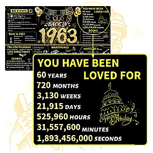 ArtAubrey Black Gold 61th Birthday Party Banner, 61th Birthday Decorations for Women Men, Back in 1963 Backdrop Party Supplies, 61 Year Old Photography Background