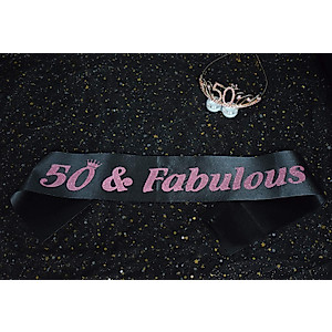 50th Birthday Tiara and Sash Happy 50th Birthday Party Supplies 50 Fabulous Black Glitter Satin Sash and Rose Gold Crystal Tiara Princess Birthday Crown for Women 50th Birthday Party Decorations