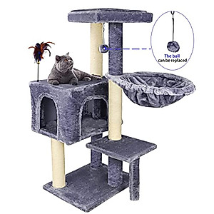 AIWIKIDE 002G Cat Tree has Scratching Toy with a Ball Activity Centre Cat Tower Furniture Jute-Covered Scratching Posts Grey …
