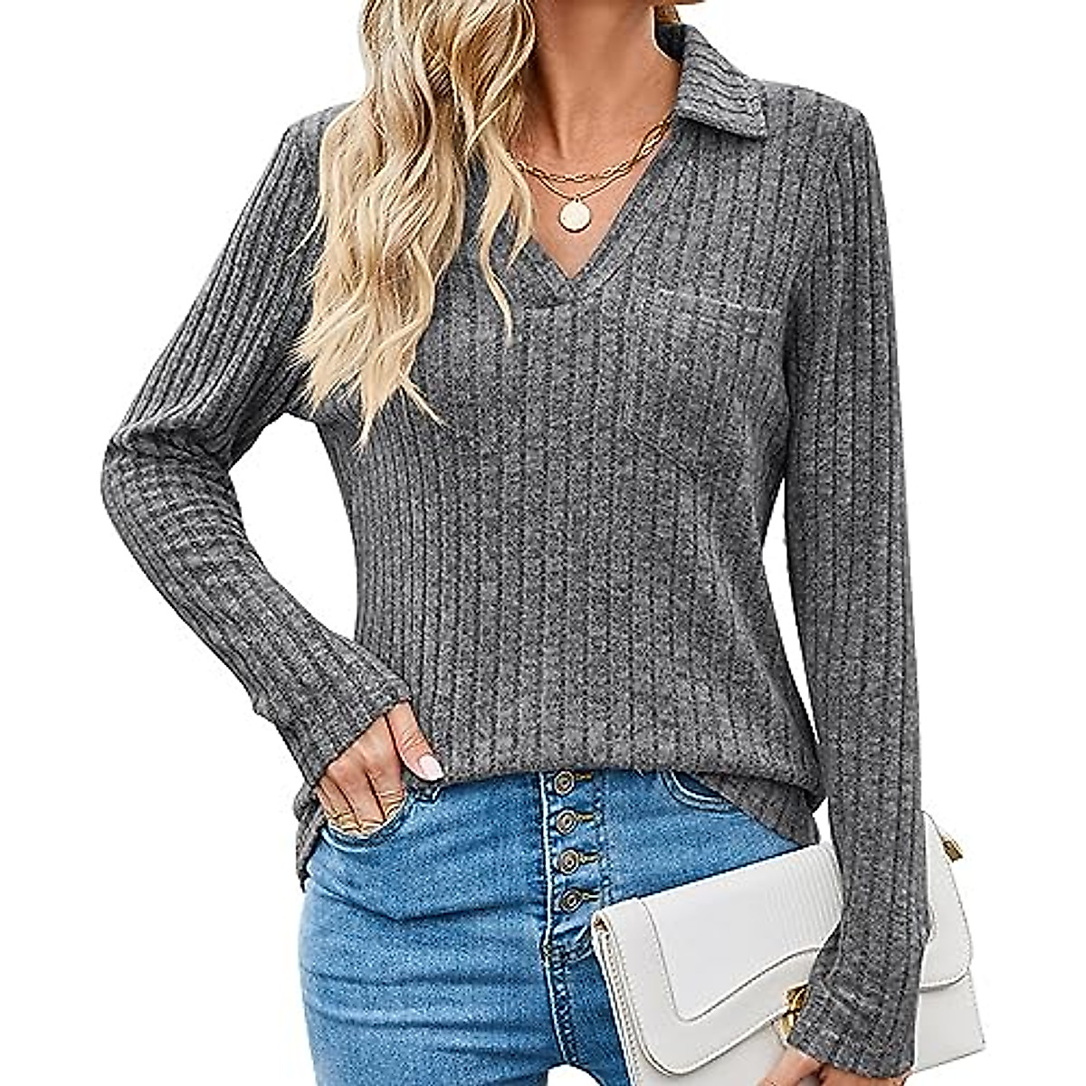 Women's Fashion Pullover Knitted Ribbed Shirts Long Sleeve V-Neck Blouse Tops Casual Fall Clothes for Women 2024 Cute Sweatshirts Dark Gray