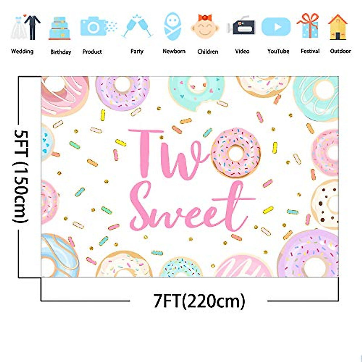 Avezano Two Sweet Donut Birthday Backdrop Sweet Donut Second Birthday Party Background 7x5ft Vinyl Sprinkles Donut Themed Birthday Party Decorations Backdrops for Girls
