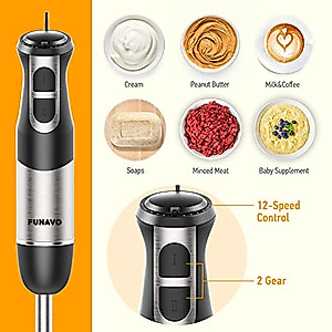 FUNAVO Hand Blender, 800W 5-in-1 Immersion Hand Blender, 12-Speed Multi-function Stick Blender with 500ml Chopping Bowl, Whisk, 600ml Mixing Beaker, Milk Frother Attachments, BPA-Free