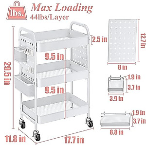 3 Tier Rolling Utility Cart - Craft Storage Organizer with Wheels, Art Cart with DIY Dual Pegboards, Removable Baskets Hooks, for Office, Home, Kitchen, Classroom (White)