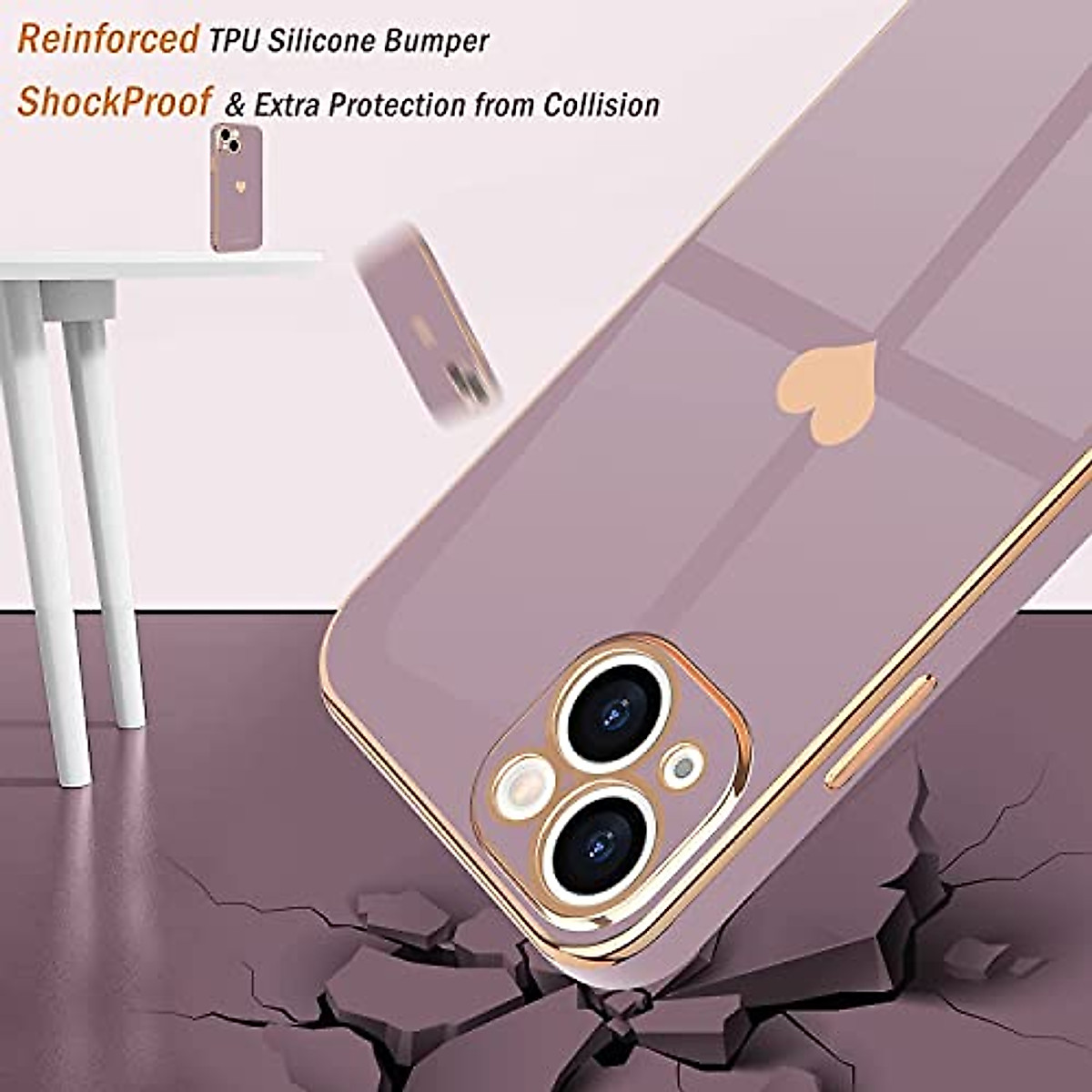 Teageo for iPhone 13 Mini Case for Women Girl Cute Love-Heart Luxury Bling Plating Soft Back Cover Raised Full Camera Protection Bumper Silicone Shockproof Phone Case for iPhone 13 Mini, Lavender