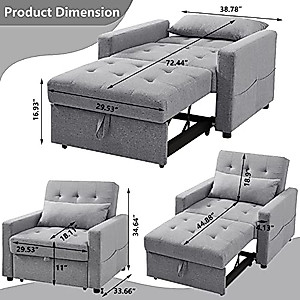Setawix Convertible Chair Bed 3-in-1, Multi-Functional Sleeper Sofa Chair with Adjustable Backrest, Single Sofa Chair with Side Pocket and Pull Out Bed, Folding Recliner Chair (Linen, Grey)